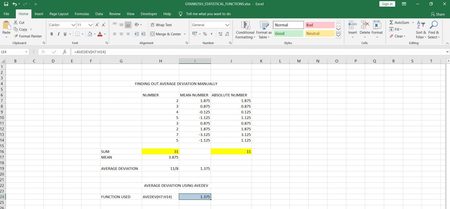 EXCEL FUNCTIONS-AVEDEV - GyanKosh | Learning Made Easy
