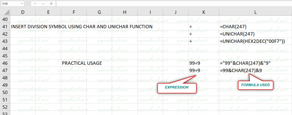 Seven ways to insert Division/Divide symbol in Excel with examples