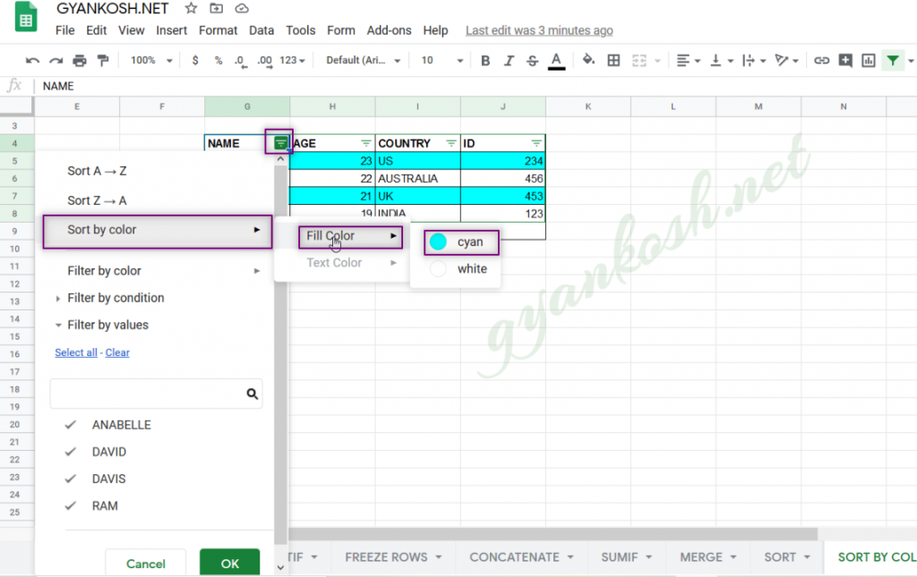 HOW TO SORT DATA BY COLOR IN GOOGLE SHEETS - GyanKosh | Learning Made Easy