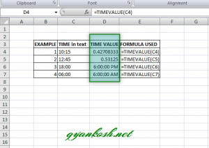 Convert time into decimal value using TIMEVALUE function in EXCEL